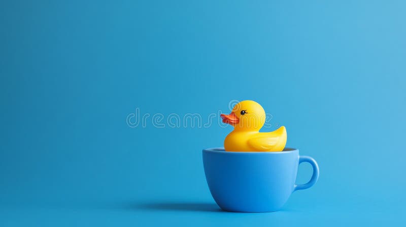 Yellow Rubber Duck Blue Cup Background Minimalist Toy Design Stock ...