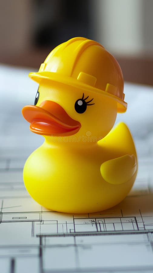 Yellow Rubber Duck Construction Helmet Architectural Blueprints Playful Engineering Concept ...