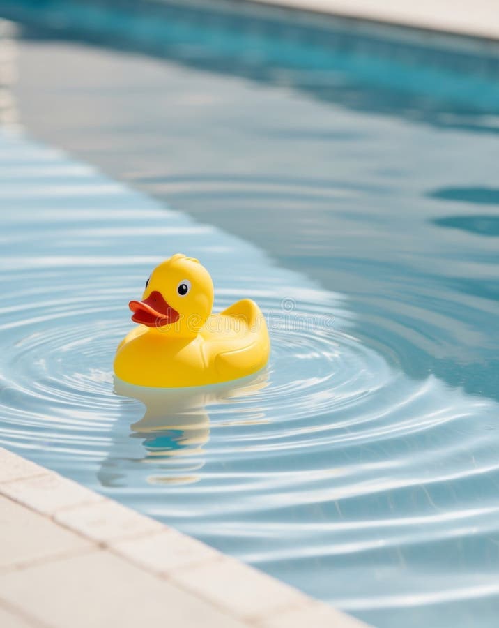 Yellow Rubber Duck Floating in a Blue Swimming Pool. Stock Image ...