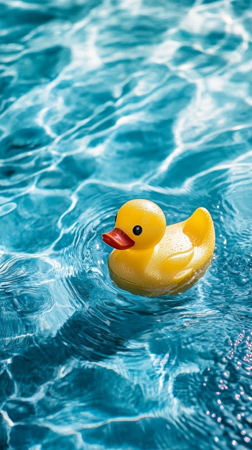 Yellow Rubber Duck Floating in Clear Blue Water, Playful Bath Concept ...