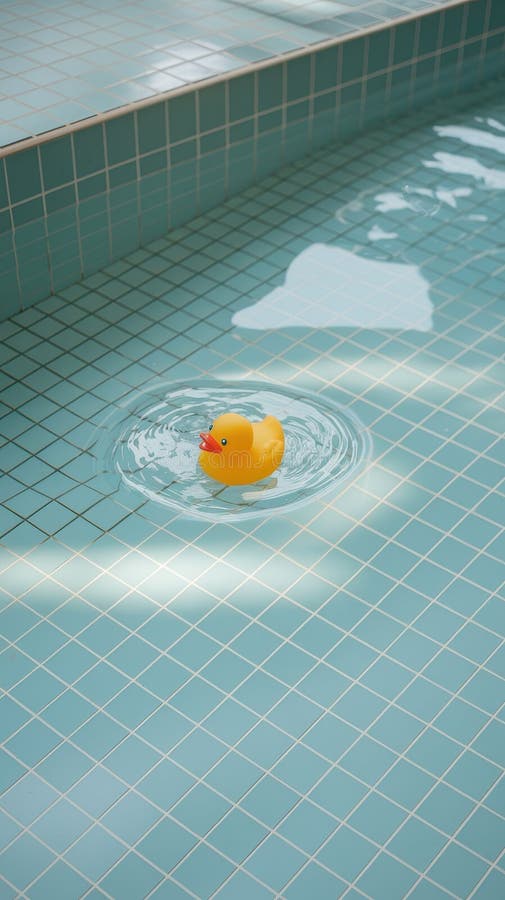 Yellow Rubber Duck Floating in Indoor Pool with White Tiled Background ...