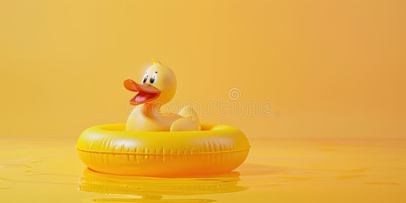 Yellow Rubber Duck Floating on a Yellow Inflatable Ring. Created by ...