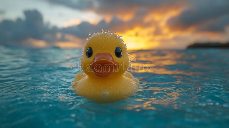 Yellow Rubber Duck Floating in Ocean at Sunset with Dramatic Clouds ...