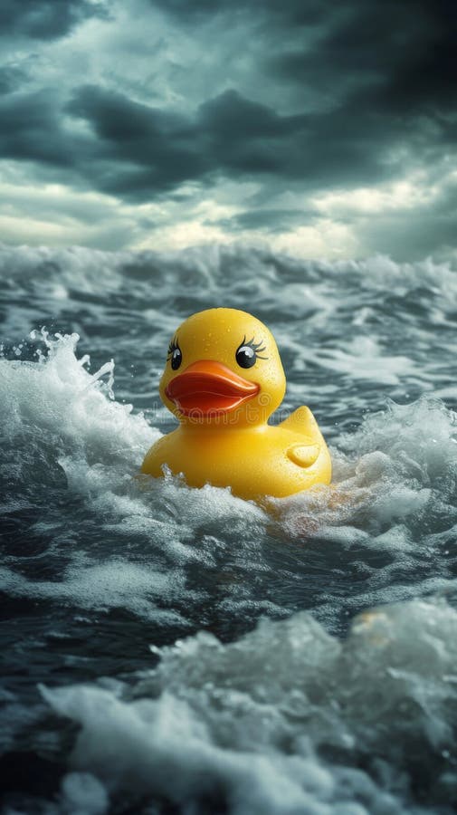 Yellow Rubber Duck Floating Stormy Ocean Waves Under Dramatic Sky Stock ...