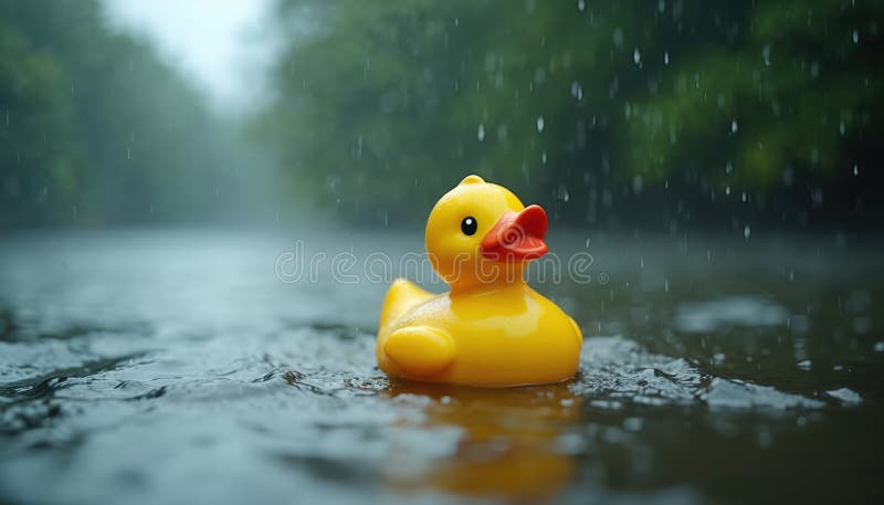 Yellow Rubber Duck Floats on River Water during Rain. Tiny Droplets ...