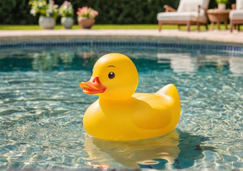 Yellow Rubber Duck in the Water in the Pool in the Backyard of a ...