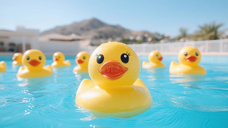 Yellow Rubber Ducks Floating Swimming Pool Sunny Day Stock Photos ...