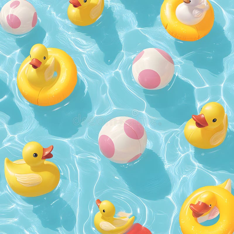 Yellow Rubber Ducks and Pink Beach Balls Float on Blue Water Stock ...