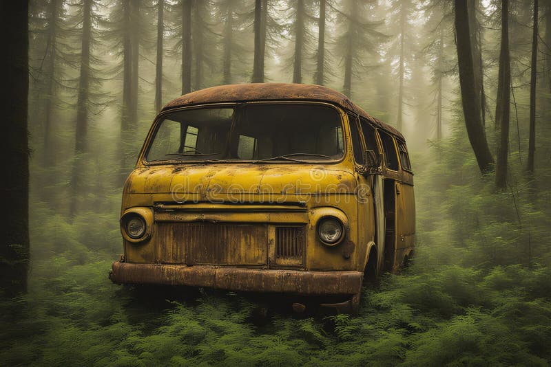 Yellow Rusted Van Enveloped in Mist, Generative AI Stock Illustration ...