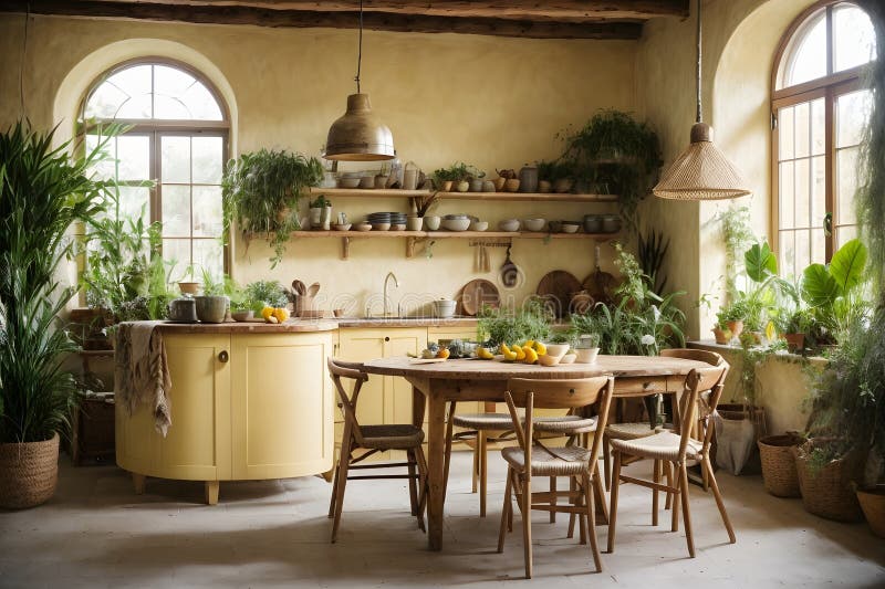 Yellow Rustic Interior Kitchen with Rounded Dining Table with Plants ...
