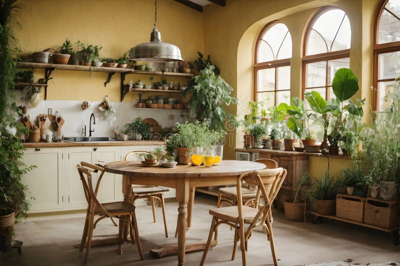 Yellow Rustic Interior Kitchen with Rounded Dining Table with Plants ...