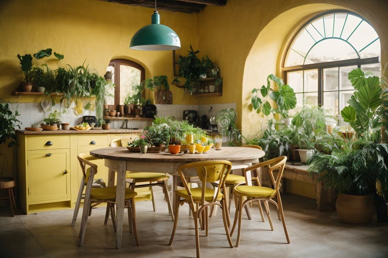Yellow Rustic Interior Kitchen with Rounded Dining Table with Plants ...