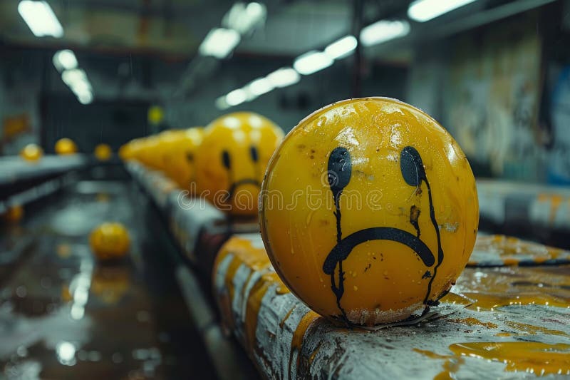 Yellow Sad Smiley Face Ball is Sitting on a Bench in an Abandoned ...