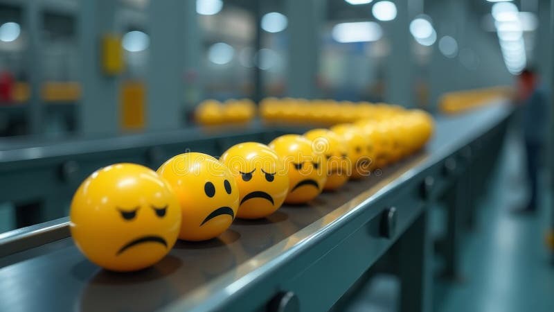 Yellow Sad Smileys are Produced on the Latest Conveyor Belt Stock Photo ...
