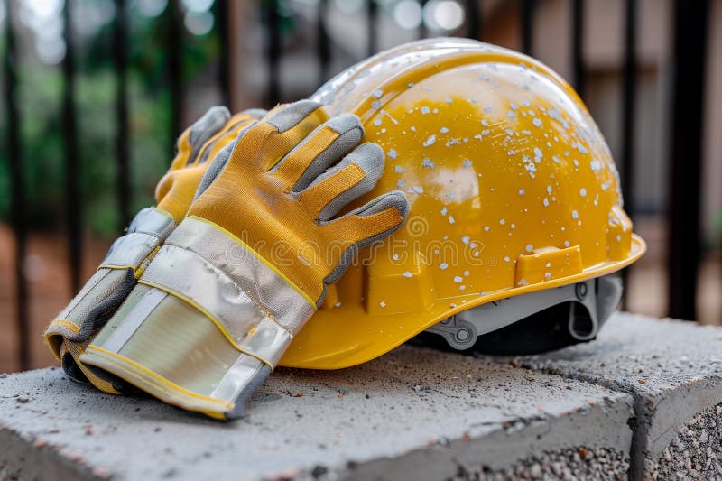Yellow Safety Construction Helmet with a Pair of Gloves, Both on a ...