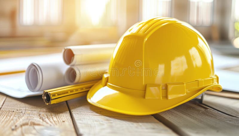 Yellow Safety Helmet on Wooden Table with Construction Site in ...