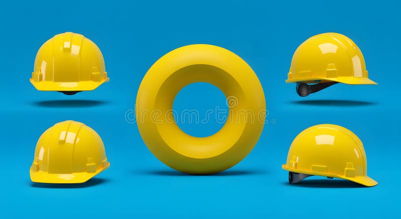 Yellow Safety Helmets and Torus on Blue Background Stock Illustration ...