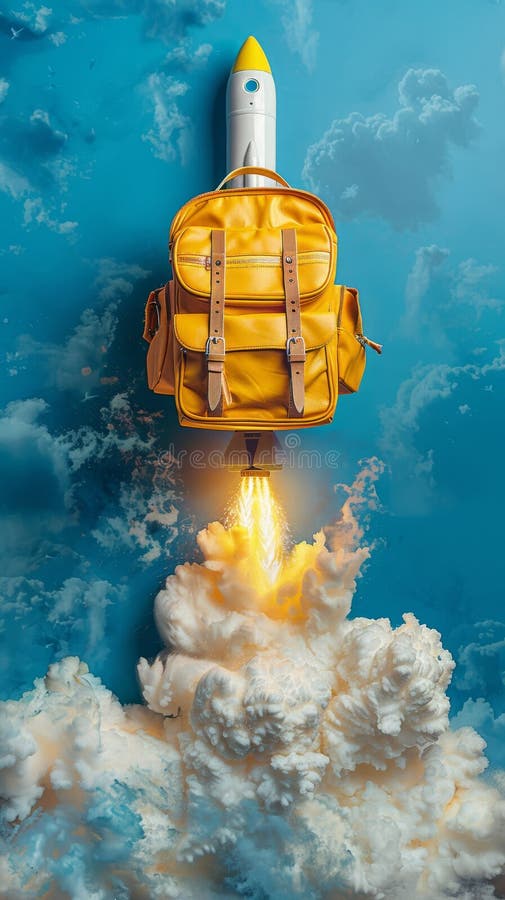 A Yellow School Backpack is Attached To a Rocket As it Blasts Off into ...