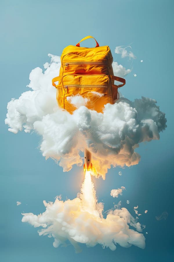 A Yellow School Backpack Sits on Top of a Cloud, Being Launched into ...