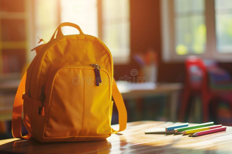 Yellow School Backpack on a Table in Classroom on Sunny Morning. Back ...