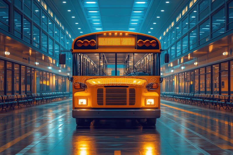School Bus at Night in Modern Terminal, Waiting for Passengers Stock ...