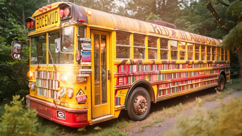 A Yellow School Bus Converted into a Mobile Library Parked on the Side ...