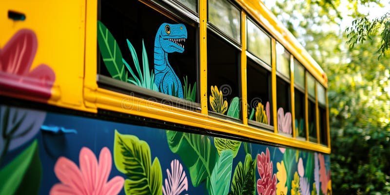 Yellow School Bus Decorated with Graffiti with Prehistoric Plants ...