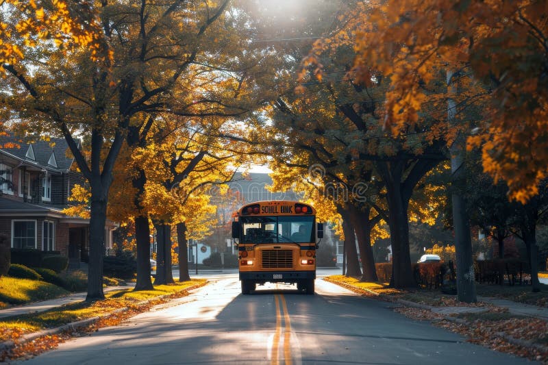 A Yellow School Bus Drives Down a Street Flanked by Trees, a School Bus ...