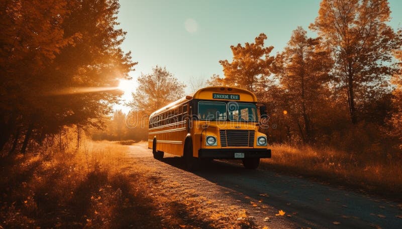 A Yellow School Bus Drives through a Rural Autumn Landscape Generated ...