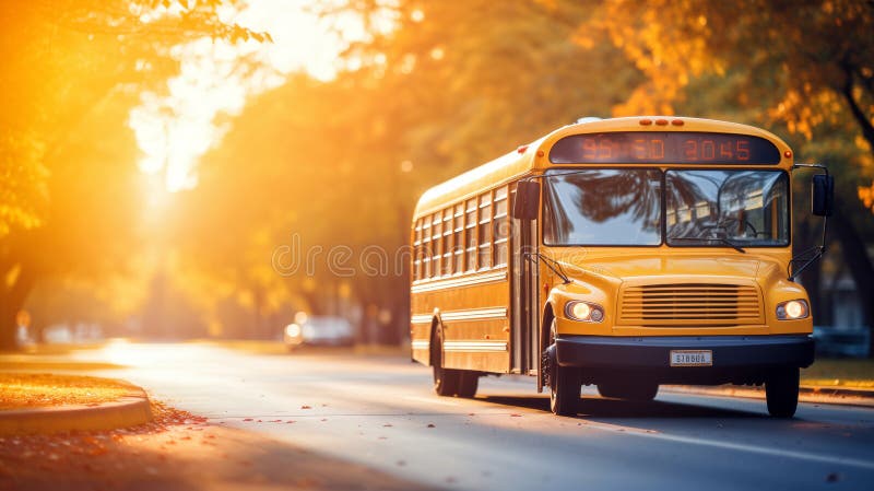 Yellow School Bus Driving on a Road during Sunset Stock Illustration ...