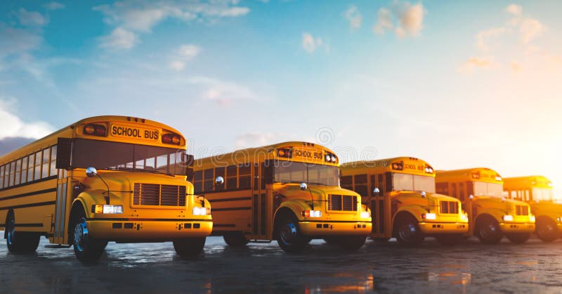 Yellow School Bus Fleet on Parking Stock Image - Image of america ...
