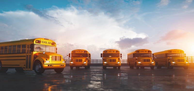 Yellow School Bus Fleet on Parking Stock Photo - Image of fleet, back ...