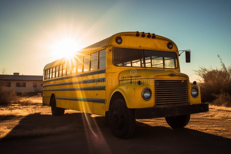 A Yellow School Bus is Parked in a Dirt Lot with the Sun Setting Behind ...