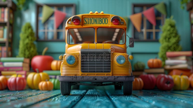 Yellow School Bus Parked in Front of a Blue Building Stock Image ...
