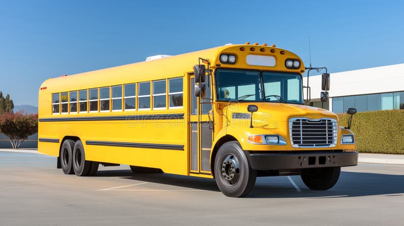 Yellow School Bus Parked Near School. Stock Illustration - Illustration ...
