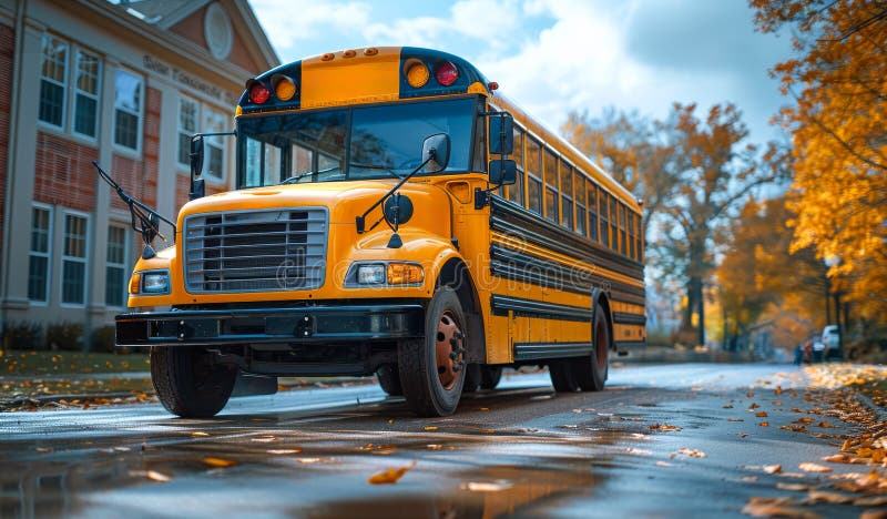 A Yellow School Bus is Parked on a Wet Road. the Bus is Parked in Front ...