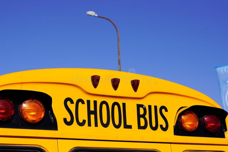 Yellow School Bus Rear Back Closeup View with Text Sign and Security ...