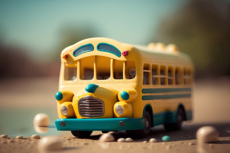 Yellow School Bus on the Sand with Pebbles, Selective Focus Stock ...