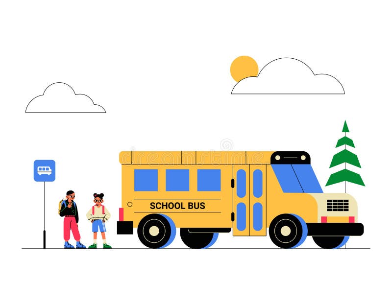 School Bus with Students Waiting at Bus Stop in Flat Vector ...