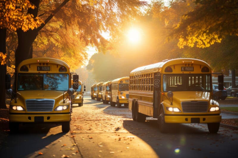 Yellow School Buses Arriving at School for Student Drop Off and Pick Up ...