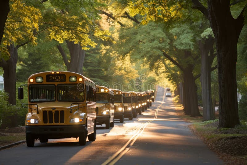 Yellow School Buses Arriving at School for Student Drop Off and Pick Up ...