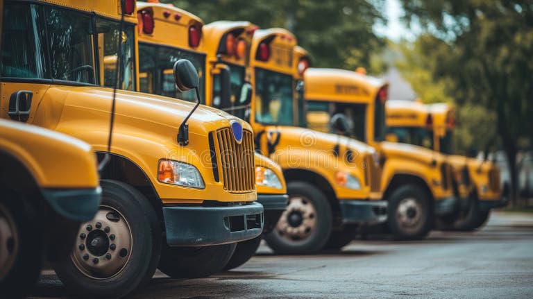 Yellow School Buses Lined Up in Front of School Ready for First Day ...