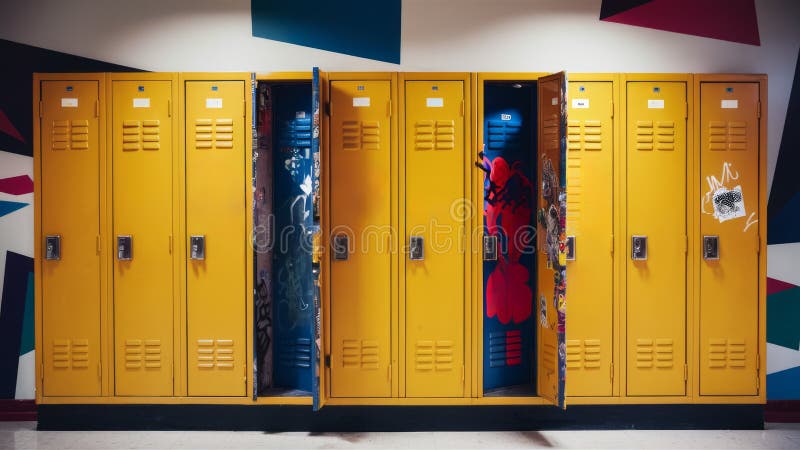 Yellow School Lockers with Graffiti Stock Photo - Image of space ...