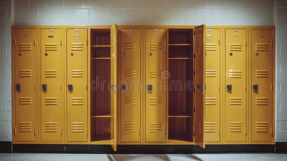 Yellow School Lockers with Open Doors.Generated Image Stock Photo ...