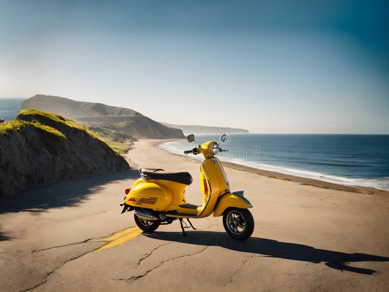 A Yellow Scooter at the Beach Stock Illustration - Illustration of sign ...