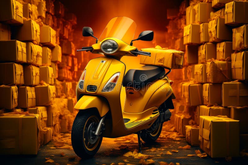 A Yellow Scooter Parked in Front of a Pile of Boxes Stock Image - Image ...