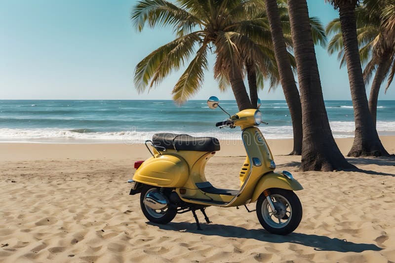 A Yellow Scooter Parking at the Beach Under Fine Weather Stock ...