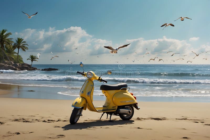 A Yellow Scooter Parking at the Beach Under Fine Weather Stock ...