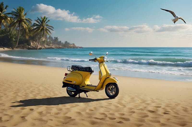 A Yellow Scooter Parking at the Beach Under Fine Weather Stock ...