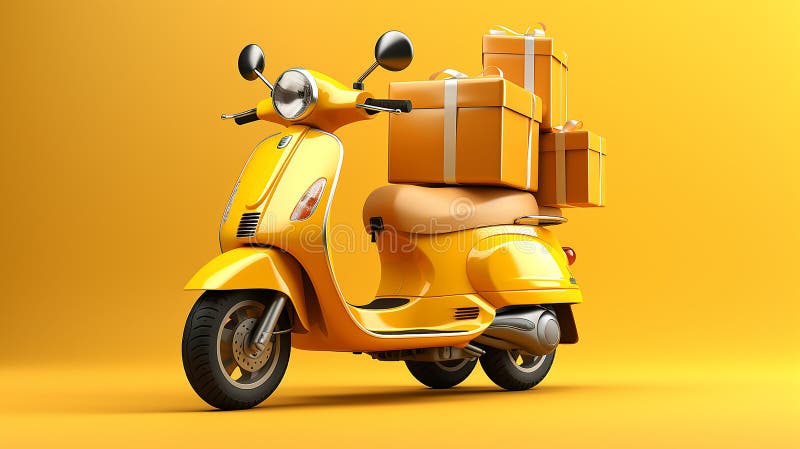 Yellow Scooter with Stack of Boxes on Yellowbackground. 3d Illustration ...